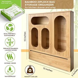 NACUARA Ziplock Bag Organizer Storage for Kitchen Organization, Bamboo Drawer, Foil and Plastic Wrap Dispenser with Cutter, Quart, Gallon, Sandwich, Snack, Compatible with Ziploc Variety Size