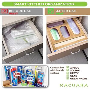 NACUARA Ziplock Bag Organizer Storage for Kitchen Organization, Bamboo Drawer, Foil and Plastic Wrap Dispenser with Cutter, Quart, Gallon, Sandwich, Snack, Compatible with Ziploc Variety Size