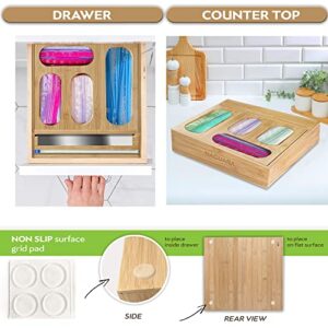 NACUARA Ziplock Bag Organizer Storage for Kitchen Organization, Bamboo Drawer, Foil and Plastic Wrap Dispenser with Cutter, Quart, Gallon, Sandwich, Snack, Compatible with Ziploc Variety Size