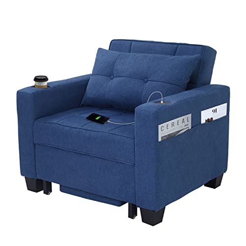 DURASPACE Futon Chair Bed Convertible Chair 3-in-1 Pull Out Sleeper Chair Beds with USB Ports, Armchair Bed Sleeper for Living Room (Blue Linen)