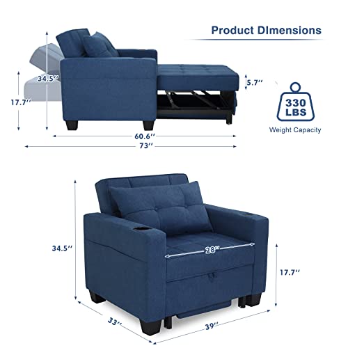 DURASPACE Futon Chair Bed Convertible Chair 3-in-1 Pull Out Sleeper Chair Beds with USB Ports, Armchair Bed Sleeper for Living Room (Blue Linen)