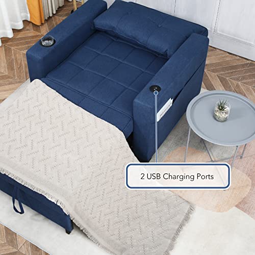 DURASPACE Futon Chair Bed Convertible Chair 3-in-1 Pull Out Sleeper Chair Beds with USB Ports, Armchair Bed Sleeper for Living Room (Blue Linen)