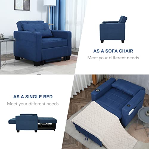 DURASPACE Futon Chair Bed Convertible Chair 3-in-1 Pull Out Sleeper Chair Beds with USB Ports, Armchair Bed Sleeper for Living Room (Blue Linen)