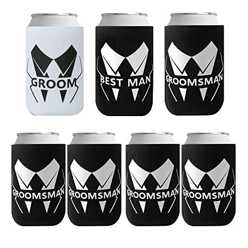 PartyGifts&Beyond 7Pack Groomsmen Can Cooler, Groom and Best Man Can Koozies for Bachelor Party or Wedding Gift Can Coozie(BOLD)