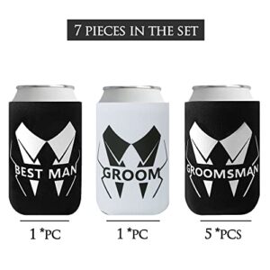 PartyGifts&Beyond 7Pack Groomsmen Can Cooler, Groom and Best Man Can Koozies for Bachelor Party or Wedding Gift Can Coozie(BOLD)