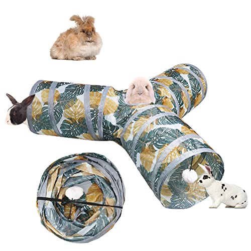 NANEEZOO Bunny Tunnels & Tubes Collapsible 3 Way Rabbit Hideout Small Animal Activity Tunnel Toys - for Dwarf Rabbits Bunny Guinea Pigs Kitty (Print Color)