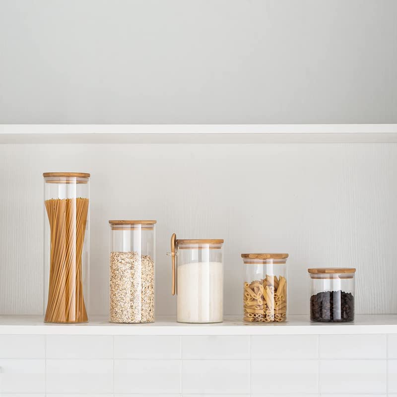 ERISED Glass Jars Set of 5 Food Storage Containers Airtight Food Jars with Bamboo Wooden Lids and Spoon Kitchen Canisters for Candy,Cookie,Rice,Sugar,Flour,Pasta