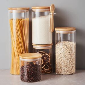 ERISED Glass Jars Set of 5 Food Storage Containers Airtight Food Jars with Bamboo Wooden Lids and Spoon Kitchen Canisters for Candy,Cookie,Rice,Sugar,Flour,Pasta