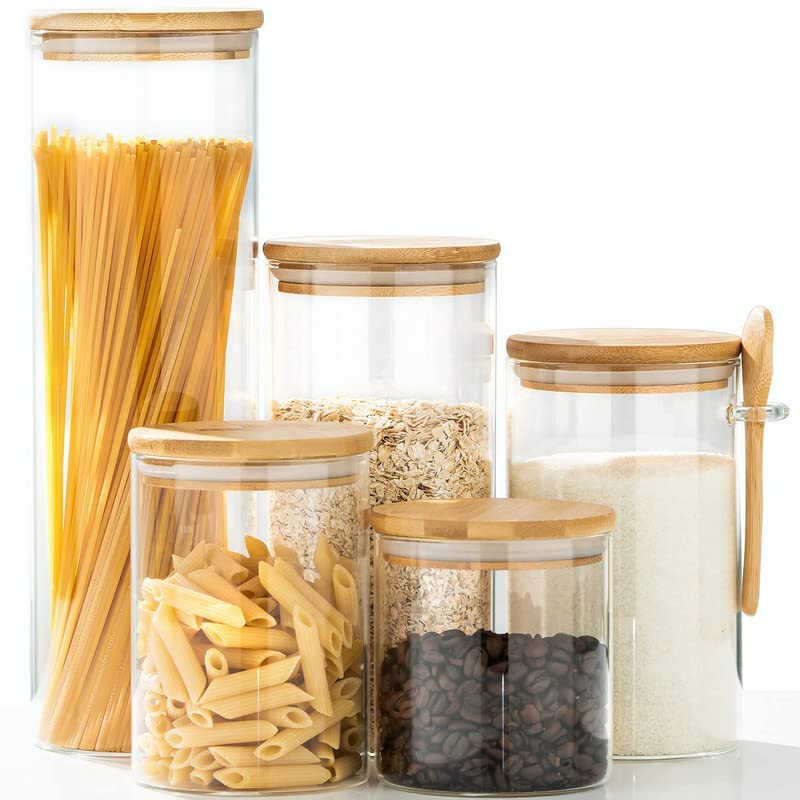 ERISED Glass Jars Set of 5 Food Storage Containers Airtight Food Jars with Bamboo Wooden Lids and Spoon Kitchen Canisters for Candy,Cookie,Rice,Sugar,Flour,Pasta