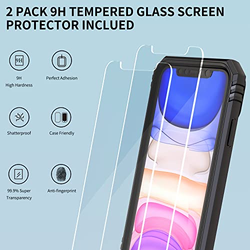 BOBOM [4 in 1 Armor Case for iPhone 11 Case with Screen Protector 2 Pack, Military-Grade Protective Case iPhone 11 with Camera Cover for Men Women, Built-in 360° Rotate Ring Stand Magnetic, Black