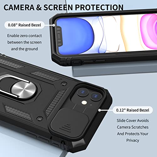 BOBOM [4 in 1 Armor Case for iPhone 11 Case with Screen Protector 2 Pack, Military-Grade Protective Case iPhone 11 with Camera Cover for Men Women, Built-in 360° Rotate Ring Stand Magnetic, Black