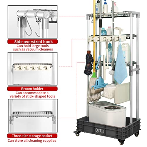 QTJH storage shelf broom mop holder hold your cleaning supplies janitorial cart Steel Organizer Wire Rack