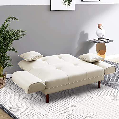 SoarFlash Convertible Futon Sofa Bed with 2 Pillows, Small Couch with Adjustable Armrest and Wood Legs, Upholstered Loveseats Furniture Low Back 2-Seat Sofa Couch with 5-Angle Backrest (Beige)