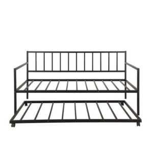 Metal Daybed with Trundle, Twin Size Day Bed Frame with Pullout Trundle, Heavy-Duty Daybed for Living Room Bedroom and Adults, Black