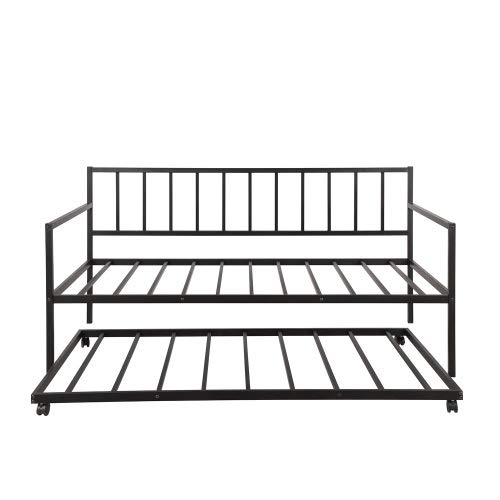 Metal Daybed with Trundle, Twin Size Day Bed Frame with Pullout Trundle, Heavy-Duty Daybed for Living Room Bedroom and Adults, Black