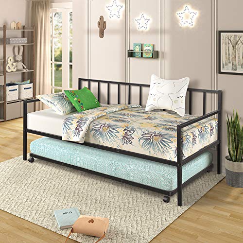 Metal Daybed with Trundle, Twin Size Day Bed Frame with Pullout Trundle, Heavy-Duty Daybed for Living Room Bedroom and Adults, Black