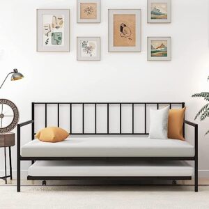 Metal Daybed with Trundle, Twin Size Day Bed Frame with Pullout Trundle, Heavy-Duty Daybed for Living Room Bedroom and Adults, Black