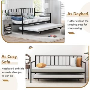 Metal Daybed with Trundle, Twin Size Day Bed Frame with Pullout Trundle, Heavy-Duty Daybed for Living Room Bedroom and Adults, Black