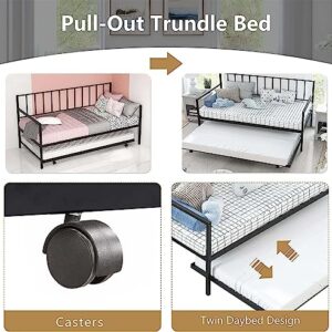 Metal Daybed with Trundle, Twin Size Day Bed Frame with Pullout Trundle, Heavy-Duty Daybed for Living Room Bedroom and Adults, Black