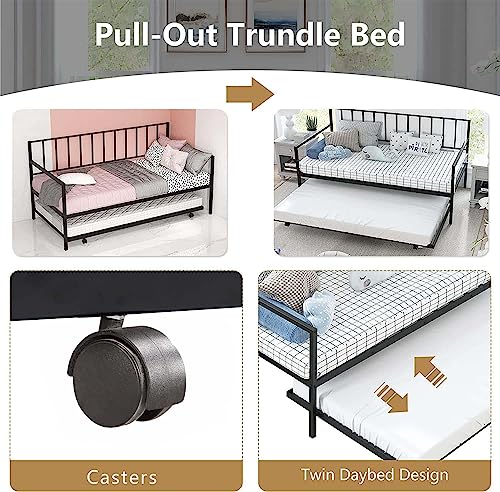 Metal Daybed with Trundle, Twin Size Day Bed Frame with Pullout Trundle, Heavy-Duty Daybed for Living Room Bedroom and Adults, Black