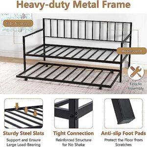 Metal Daybed with Trundle, Twin Size Day Bed Frame with Pullout Trundle, Heavy-Duty Daybed for Living Room Bedroom and Adults, Black