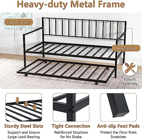 Metal Daybed with Trundle, Twin Size Day Bed Frame with Pullout Trundle, Heavy-Duty Daybed for Living Room Bedroom and Adults, Black