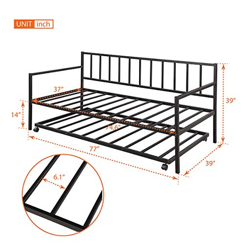 Metal Daybed with Trundle, Twin Size Day Bed Frame with Pullout Trundle, Heavy-Duty Daybed for Living Room Bedroom and Adults, Black