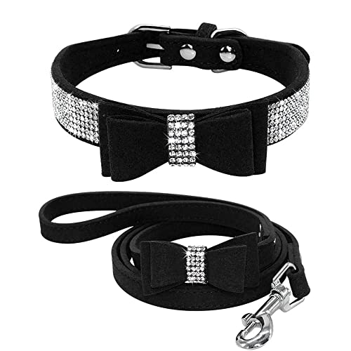 Benala Velvet Full Crystal Rhinestones Dog Pet Collar Leash Set Dog Cat Shinging Diamonds Bowknot Adjustable Necklace Set,Black,XXS:(Neck 6-8")