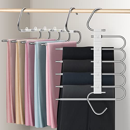 devesanter Pants Hangers Space Saving Hangers for Clothes 2 Pack Jean Hangers Pant Organizer Non Slip Multifunctional Pants Rack Hanger（Grey with 10 Clips）