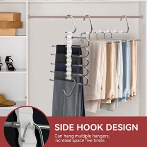 devesanter Pants Hangers Space Saving Hangers for Clothes 2 Pack Jean Hangers Pant Organizer Non Slip Multifunctional Pants Rack Hanger（Grey with 10 Clips）