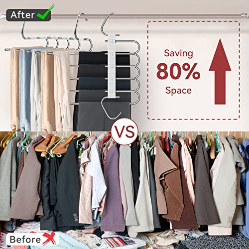 devesanter Pants Hangers Space Saving Hangers for Clothes 2 Pack Jean Hangers Pant Organizer Non Slip Multifunctional Pants Rack Hanger（Grey with 10 Clips）