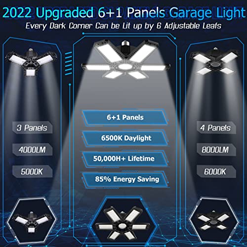 6 Pack LED Garage Lights 200W, 20000lm Shop Lights Bright 6 Leaf Deformable Garage Lights Ceiling Led,6500K Daylight Adjustable Folding Garage Lighting Bulb Fixture E26/E27 for Garage,Workshop