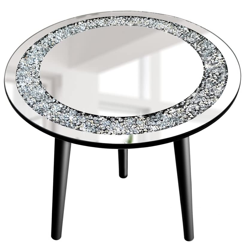 STYLISHIA Mirrored End Table for Living Room Round 16" W x 16" D x 16" H Glam Crystal Crushed Diamond Bling Mirror Side Table Furniture, Accent Modern Silver Mirror Coffee Table Home Decor