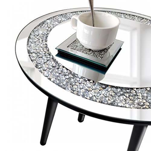 STYLISHIA Mirrored End Table for Living Room Round 16" W x 16" D x 16" H Glam Crystal Crushed Diamond Bling Mirror Side Table Furniture, Accent Modern Silver Mirror Coffee Table Home Decor