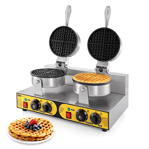 Dyna-Living Commercial Waffle Maker Double Heads 110V 2400W Non-stick Round Stainless Steel Waffle Iron Machine for Restaurant Bakeries Snack Bar