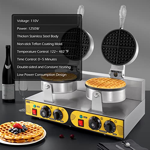 Dyna-Living Commercial Waffle Maker Double Heads 110V 2400W Non-stick Round Stainless Steel Waffle Iron Machine for Restaurant Bakeries Snack Bar