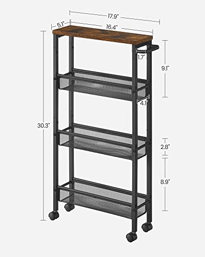 VASAGLE Slim Storage Cart, 4-Tier Rolling Cart Tower, Slide Out Cart with Handle Metal Mobile Shelving Unit for Kitchen Dining Living Room Office Narrow Places, Rustic Brown and Black ULRC032B01V1