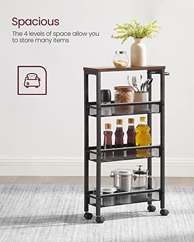 VASAGLE Slim Storage Cart, 4-Tier Rolling Cart Tower, Slide Out Cart with Handle Metal Mobile Shelving Unit for Kitchen Dining Living Room Office Narrow Places, Rustic Brown and Black ULRC032B01V1