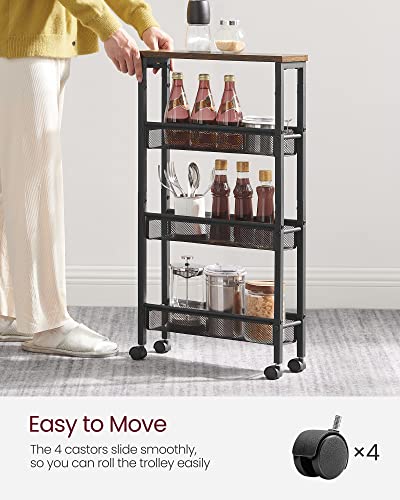 VASAGLE Slim Storage Cart, 4-Tier Rolling Cart Tower, Slide Out Cart with Handle Metal Mobile Shelving Unit for Kitchen Dining Living Room Office Narrow Places, Rustic Brown and Black ULRC032B01V1