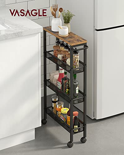 VASAGLE Slim Storage Cart, 4-Tier Rolling Cart Tower, Slide Out Cart with Handle Metal Mobile Shelving Unit for Kitchen Dining Living Room Office Narrow Places, Rustic Brown and Black ULRC032B01V1