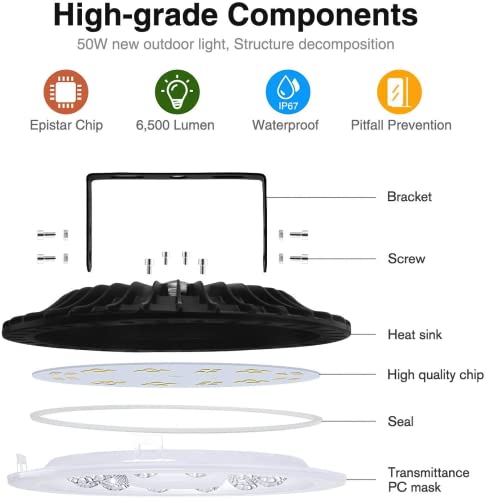 TYCOLIT 300W UFO LED High Bay Light, 30000LM Commercial Bay Lighting Daylight 6500K, IP65 Waterproof LED Commercial Bay Light, LED Warehouse Light Shop Light Factory Light Garage Light