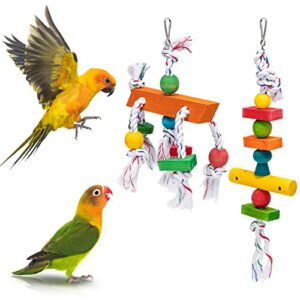 Nobleza Bird Toys, 2 Pack Parrot Chew Toys with Nature Wood Non-Toxic Safe Cotton Rope, Colorful Foraging Toys Bird Cage Accessories for Parrots, Cockatiels, Parakeets, Budgies