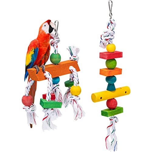 Nobleza Bird Toys, 2 Pack Parrot Chew Toys with Nature Wood Non-Toxic Safe Cotton Rope, Colorful Foraging Toys Bird Cage Accessories for Parrots, Cockatiels, Parakeets, Budgies