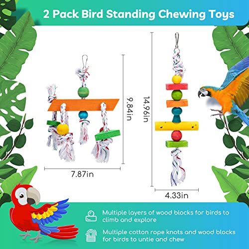 Nobleza Bird Toys, 2 Pack Parrot Chew Toys with Nature Wood Non-Toxic Safe Cotton Rope, Colorful Foraging Toys Bird Cage Accessories for Parrots, Cockatiels, Parakeets, Budgies