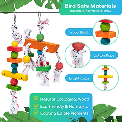 Nobleza Bird Toys, 2 Pack Parrot Chew Toys with Nature Wood Non-Toxic Safe Cotton Rope, Colorful Foraging Toys Bird Cage Accessories for Parrots, Cockatiels, Parakeets, Budgies