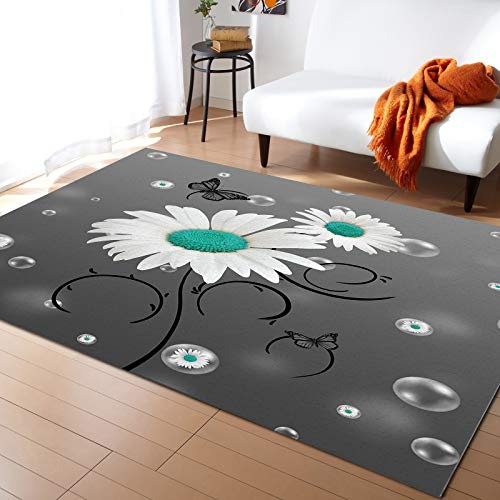 Large Rectangular Area Rugs 4' x 6' Living Room, Blue Green Daisy Bubble Durable Non Slip Rug Carpet Floor Mat for Bedroom Bedside Outdoor Modern Abstract Gray Ombre Floral