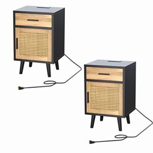 irontar rattan nightstand set of 2, nightstand with charging station, beside table with drawer and usb ports, farmhouse side table with door, night stand for bedroom, black and natural bzz005me02