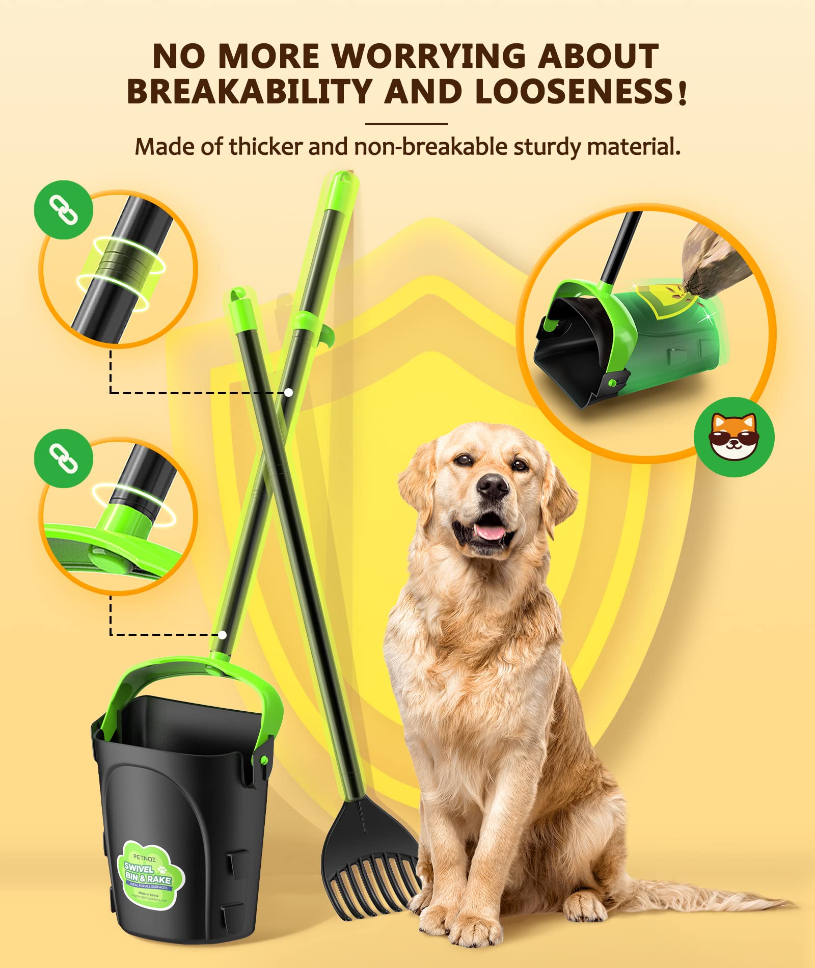 PETNOZ LIFE Large Swivel Bin & Rake Pooper Scooper with 40 Waste Bags, 36" Long Handle & 4 Bag Hooks Adjustable Dog Pooper Scooper for Large Dogs and Pets, Portable Non-Breakable Dog Poop Scooper