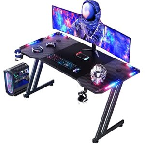 hldirect 47 inch gaming desk with led lights carbon fibre surface gaming table large computer desk ergonomic home office desks z shaped pc gamer workstations with cup holder & headphone hook black