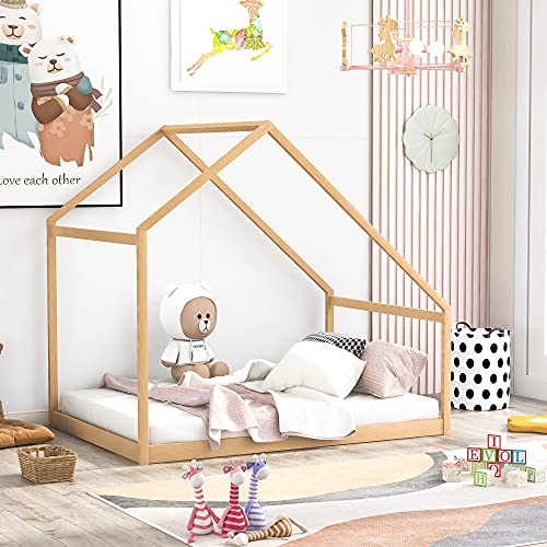 Merax Montessori Bed Wood House Day Bed for Kids Toddlers No Box Spring Needed Natural